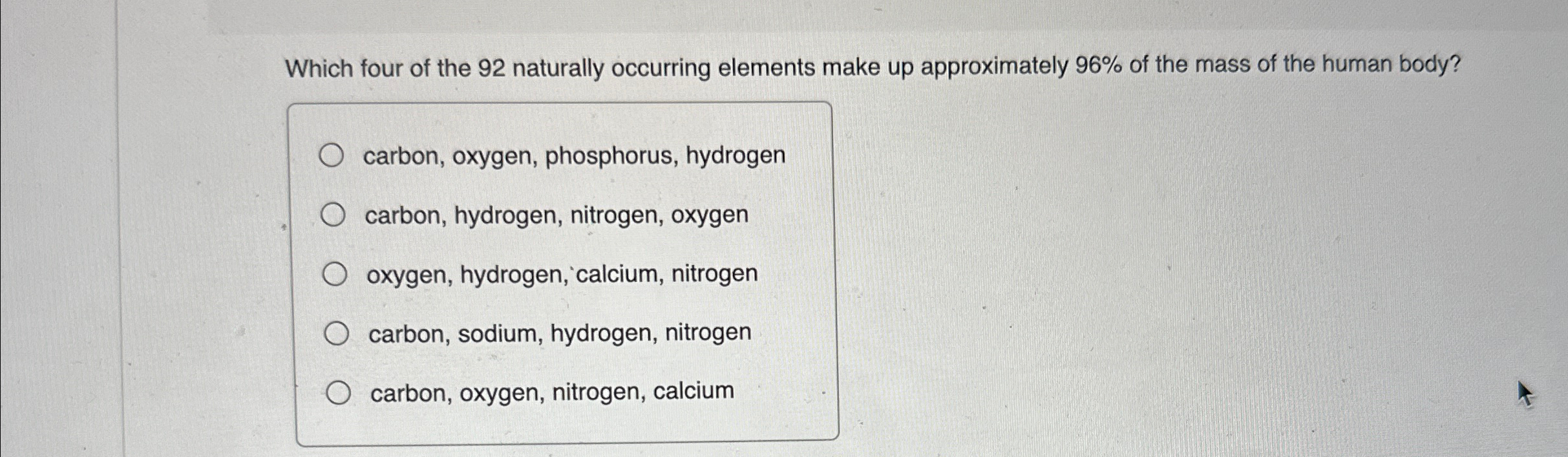 Solved Which four of the 92 ﻿naturally occurring elements | Chegg.com