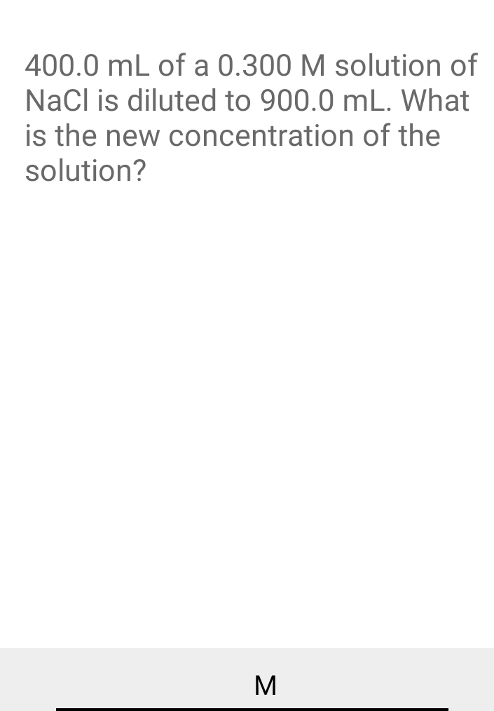 Solved 400.0 mL of a 0.300 M solution of NaCl is diluted to | Chegg.com