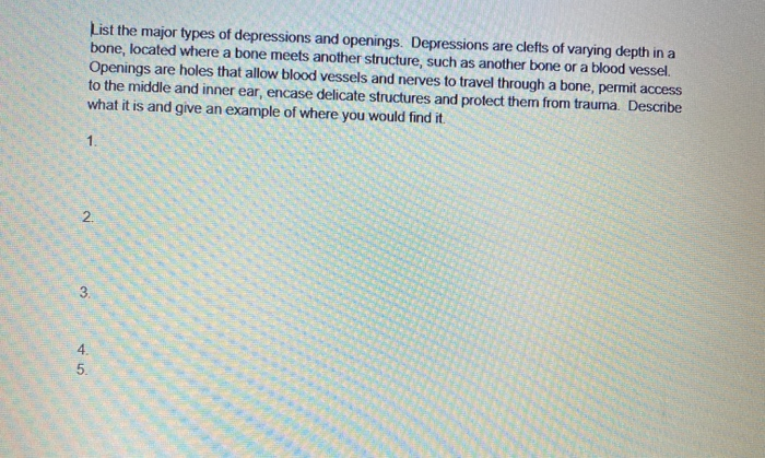 Solved List the major types of depressions and openings. | Chegg.com