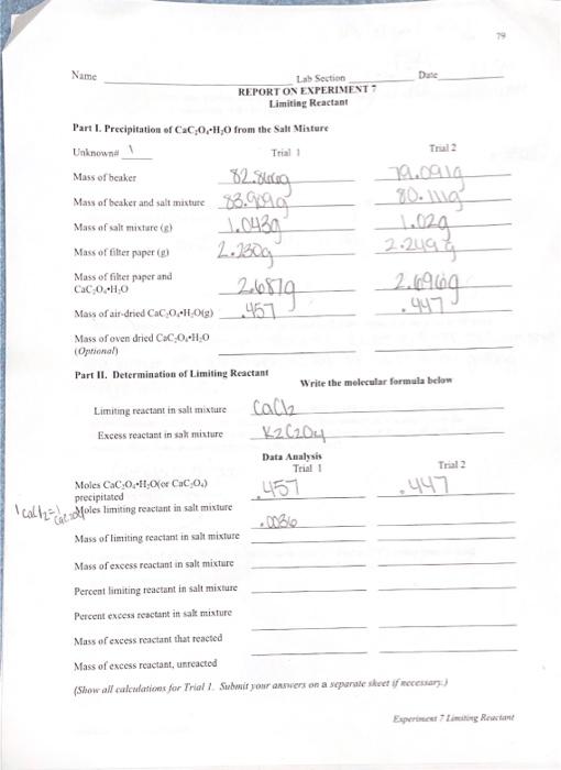 Solved Part II. Determination of Limiting Reactant | Chegg.com
