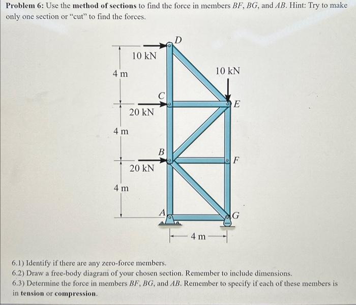 Solved Problem 6 Use The Method Of Sections To Find The