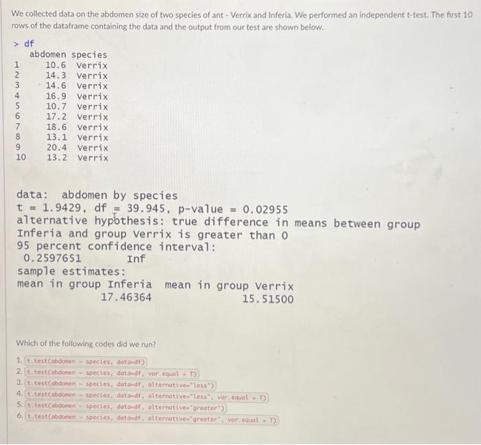 Solved We collected data on the abdomen size of two species | Chegg.com