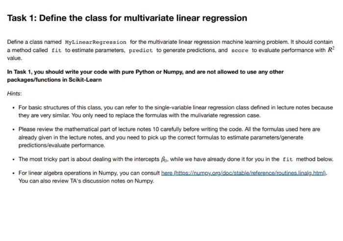 Solved Task 1: Define the class for multivariate linear | Chegg.com