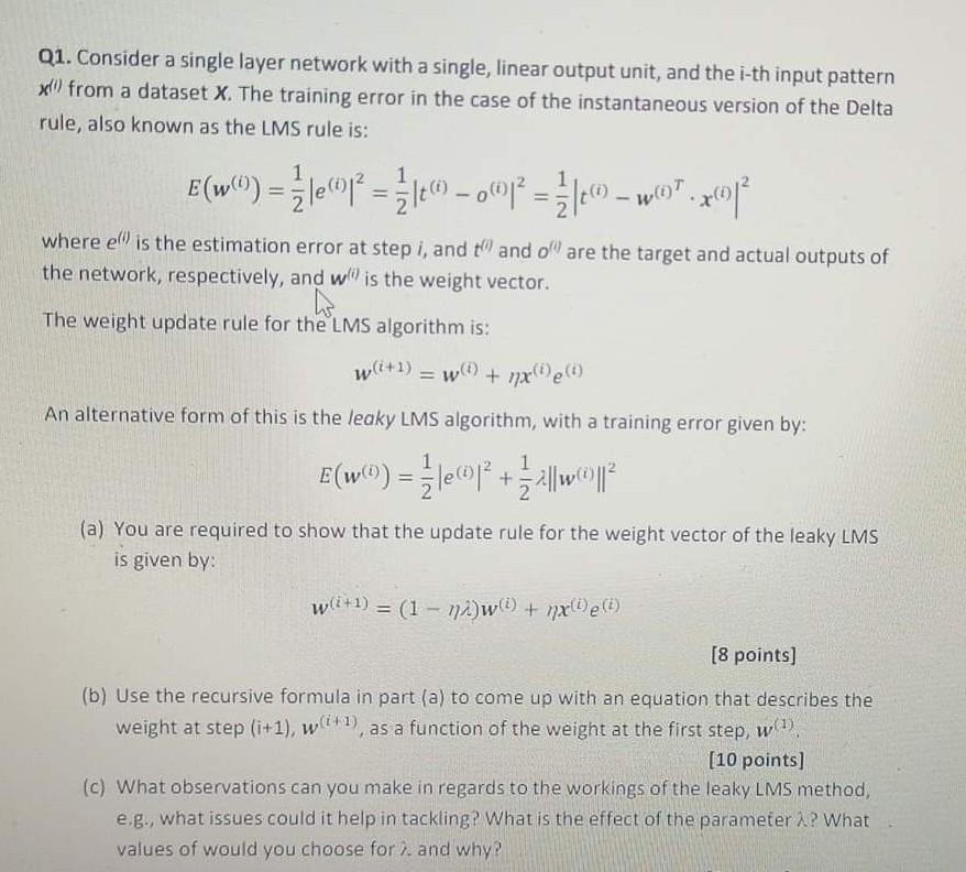 Q1. Consider a single layer network with a single, | Chegg.com