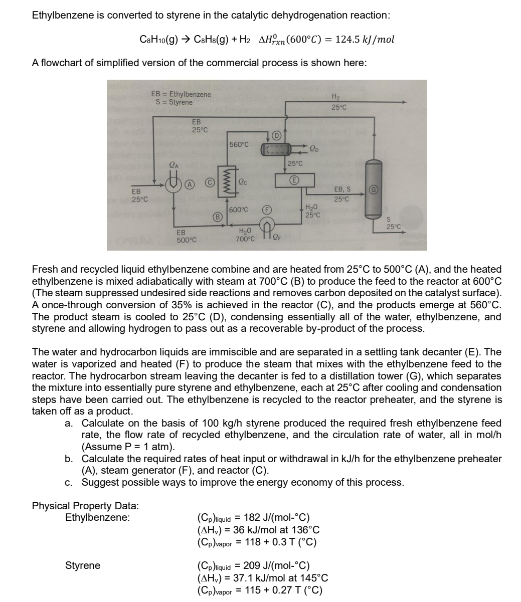 Solved Ethylbenzene is converted to styrene in the catalytic | Chegg.com