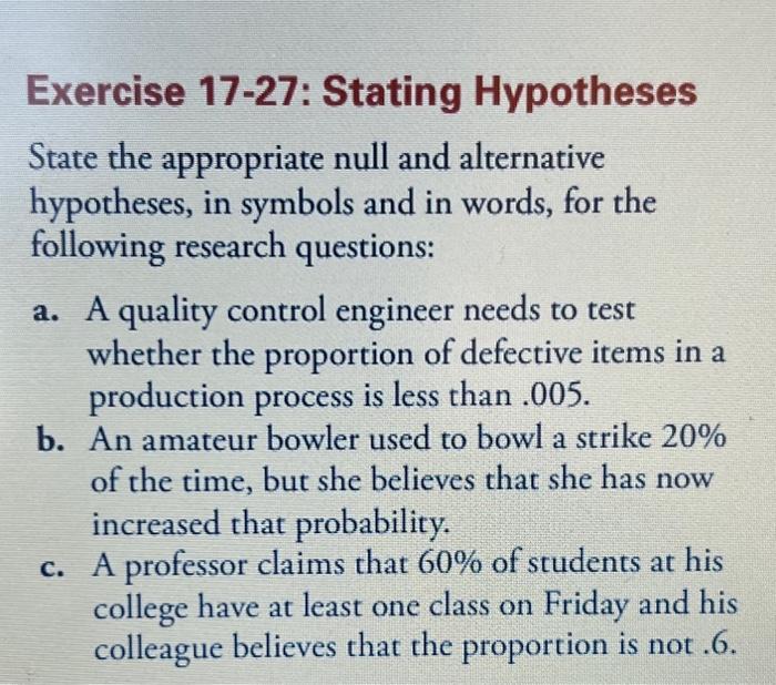 Solved Exercise 17-27: Stating Hypotheses State the | Chegg.com