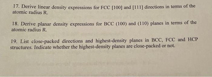 Solved 17. Derive linear density expressions for FCC [100] | Chegg.com