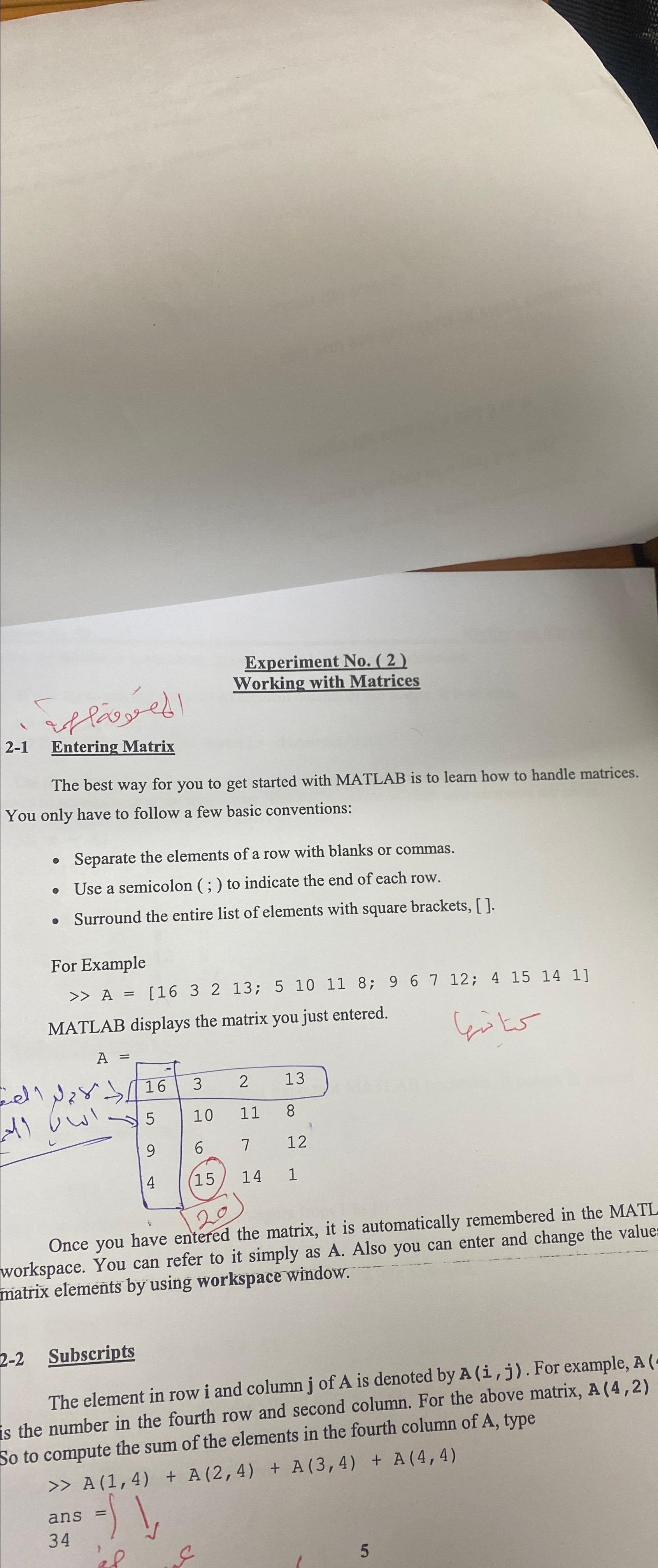 Solved Experiment No. (2)Working with Matrices2-1 ﻿Entering | Chegg.com
