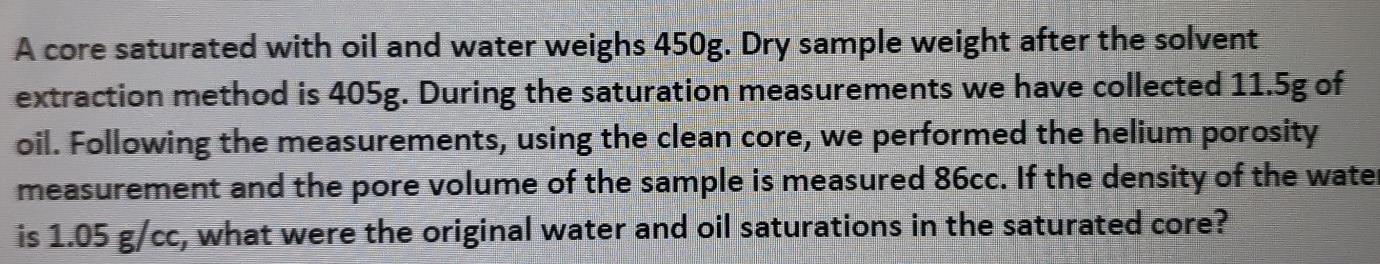 Solved A core saturated with oil and water weighs 450g. Dry | Chegg.com
