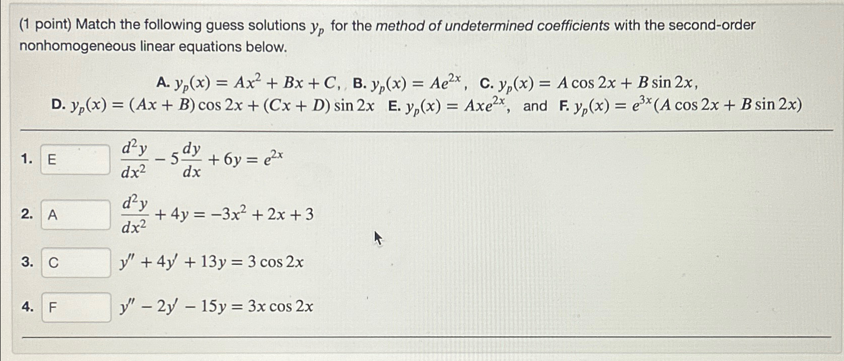 Solved (1 ﻿point) ﻿Match the following guess solutions yp | Chegg.com