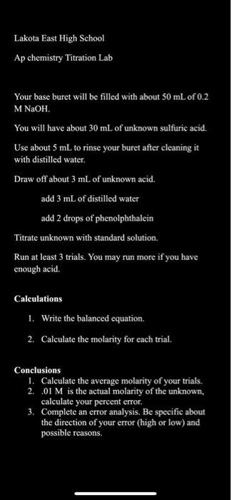 Lakota East High School Ap chemistry Titration Lab | Chegg.com