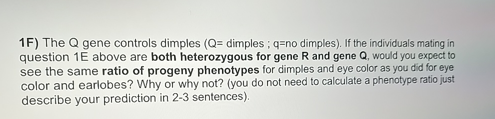 Solved 1F) ﻿The Q ﻿gene controls dimples ( Q= ﻿dimples ; q= | Chegg.com