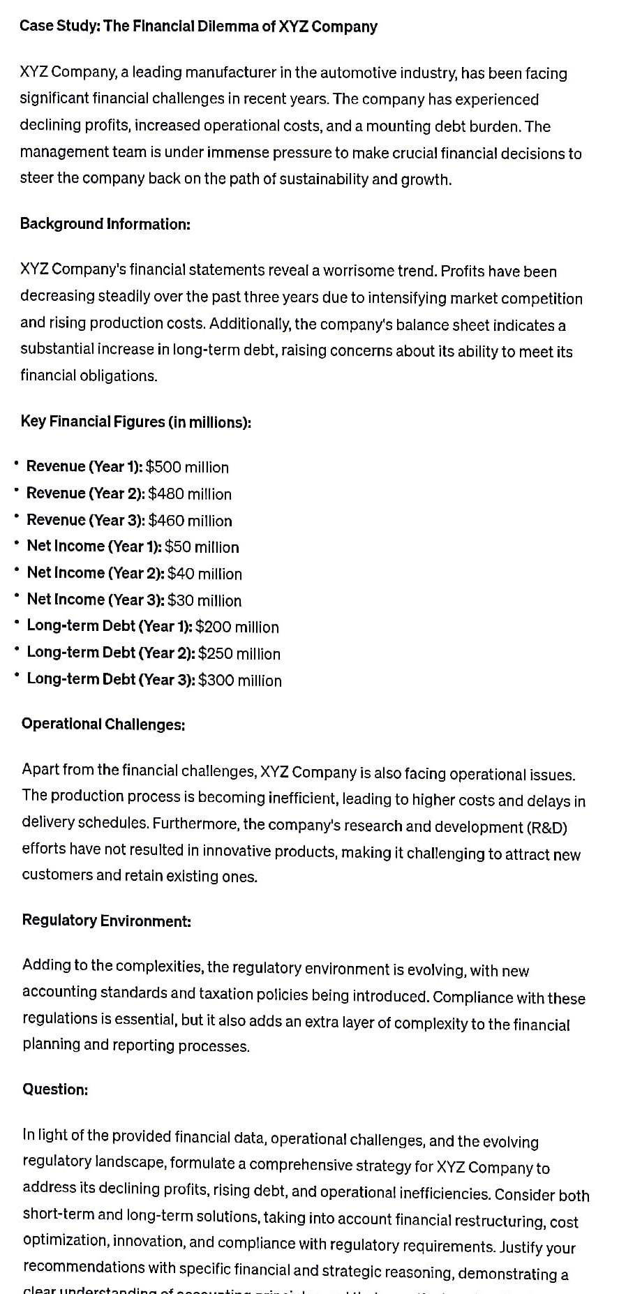 Solved Case Study: The Financial Dilemma of XYZ Company XYZ | Chegg.com
