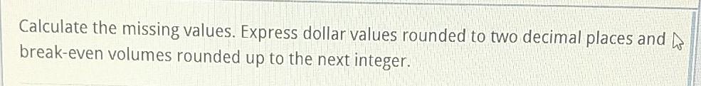 Solved Calculate the missing values. Express dollar values | Chegg.com