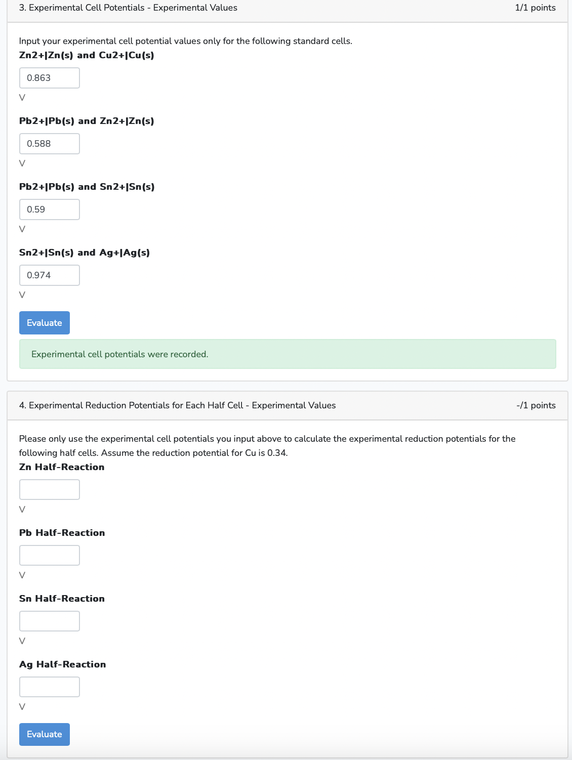 Solved Experimental Cell Potentials - ﻿Experimental | Chegg.com