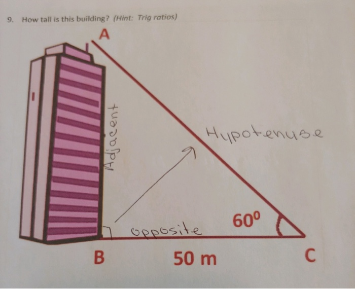 Solved 9. How tall is this building? (Hint: Trig ratios) | Chegg.com