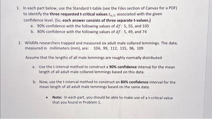 Solved 1. In each part below, use the Standard t-table (see | Chegg.com