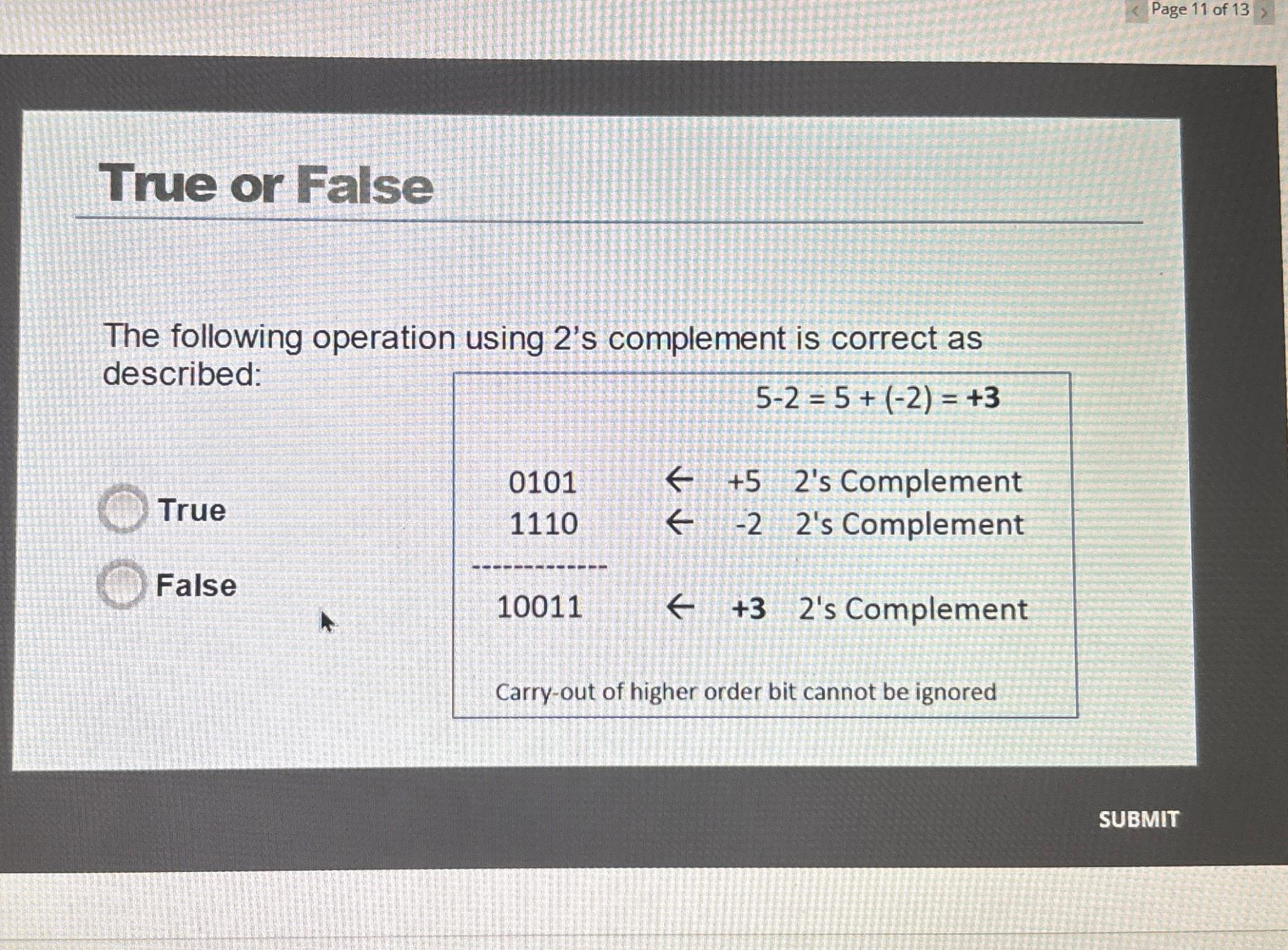 Solved True or FalseThe following operation using 2's | Chegg.com