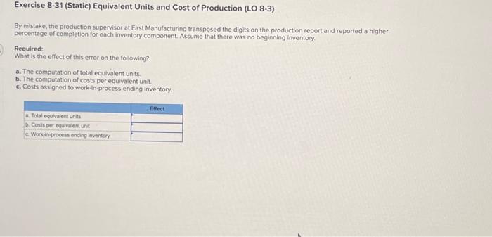 Solved Exercise 8-31 (Static) Equivalent Units and Cost of | Chegg.com