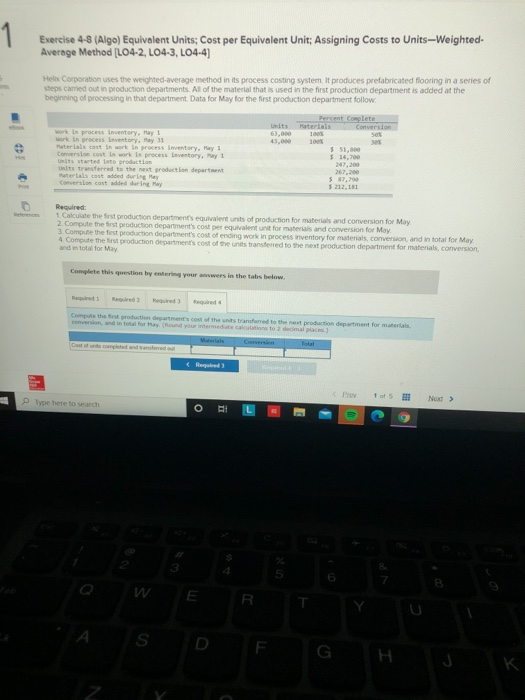 Solved 1 Exercise 4-8 (Algo) Equivalent Units: Cost per | Chegg.com