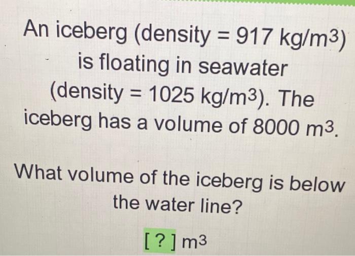 Solved An Iceberg density 917 Kg m3 Is Floating In Chegg