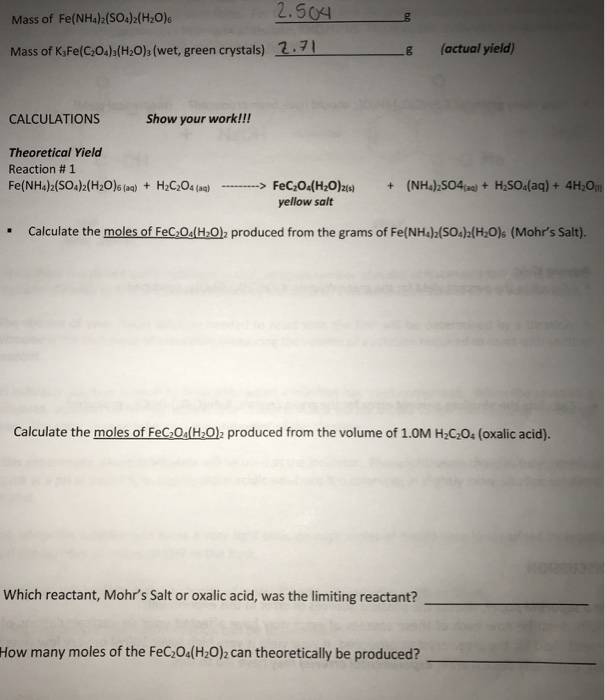 Solved 2.504 Mass of Fe(NH4)2(SO4)2(H20). Mass of | Chegg.com