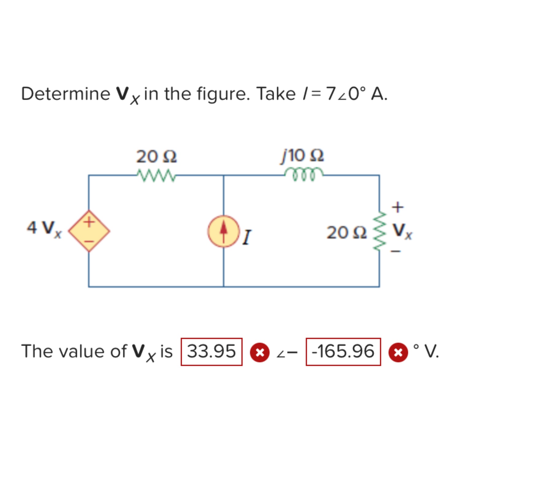 Solved Determine Vx ﻿in the figure. Take I=7?0°A.The value | Chegg.com