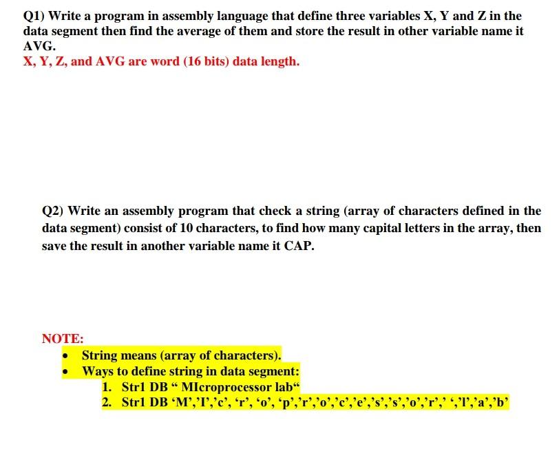 Solved Q1) Write a program in assembly language that define | Chegg.com