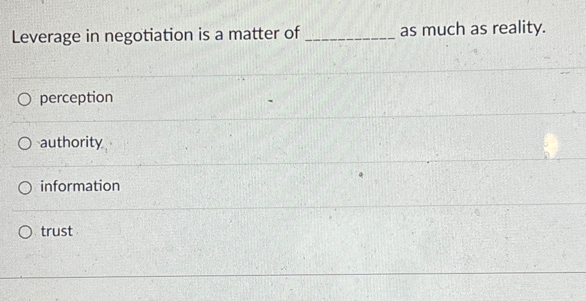 Solved Leverage in negotiation is a matter of as much as | Chegg.com