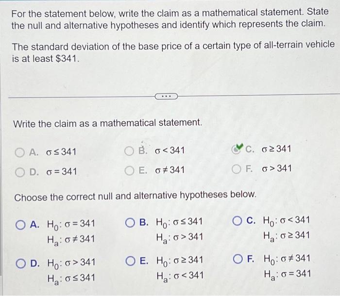 Solved For the statement below, write the claim as a | Chegg.com