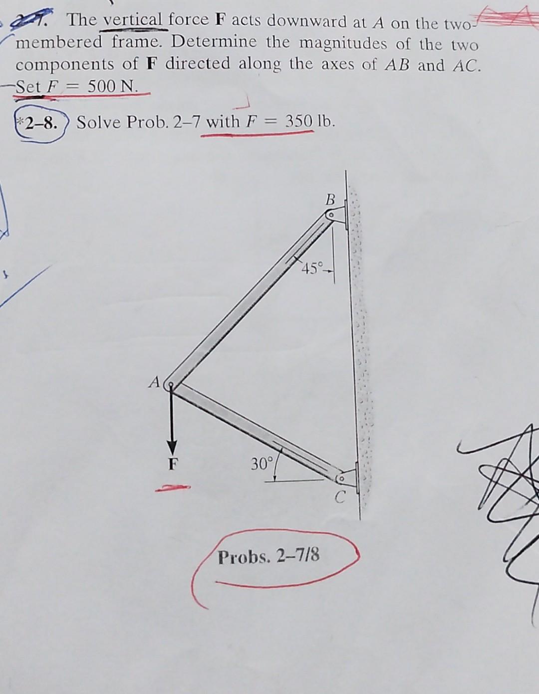 Solved The vertical force F acts downward at A on the two | Chegg.com