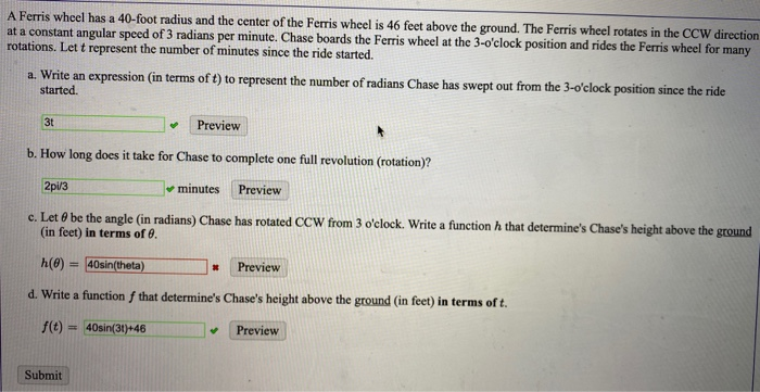 Solved A Ferris wheel has a 40-foot radius and the center of | Chegg.com
