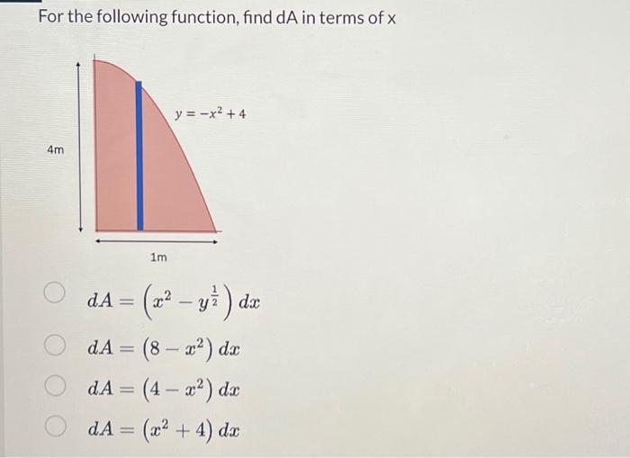 Solved For the following function, find dA in terms of x | Chegg.com