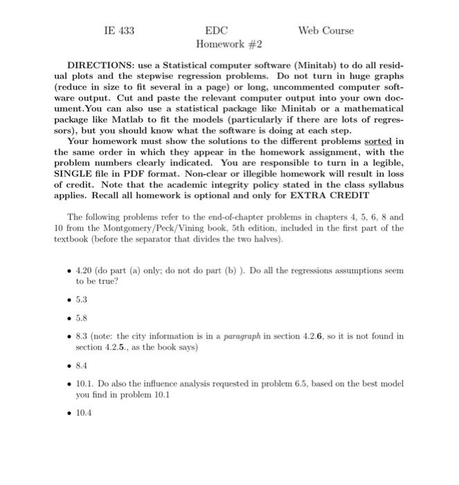 IE 433 EDC Web Course Homework \#2 DIRECTIONS: use a | Chegg.com