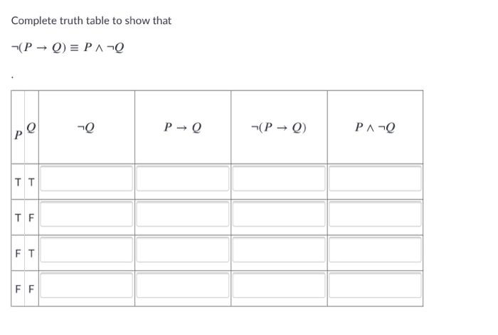 Solved Complete truth table to show that -( PQ) = PA-Q pe -Q | Chegg.com