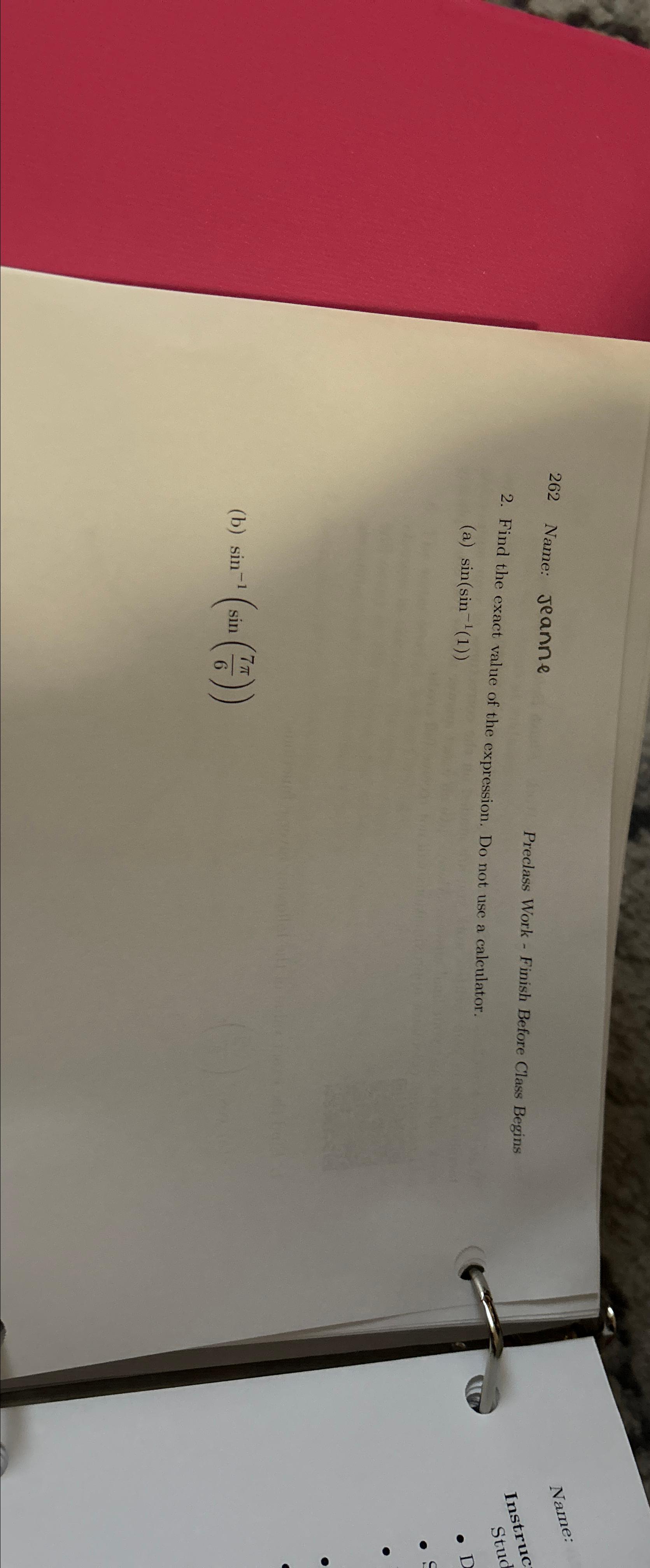 Solved 262 ﻿Name: JeannePreclass Work - ﻿Finish Before Class | Chegg.com