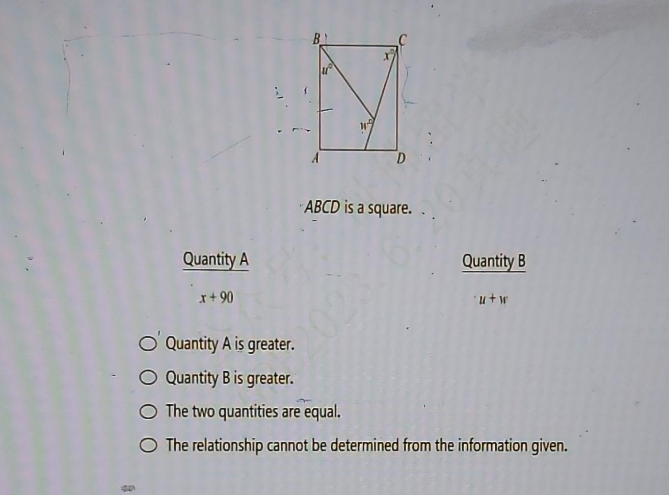 Solved ABCD is a square. Quantity A Quantity B x+90 u+w | Chegg.com