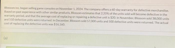 Solved Blossom inc. began selling game consoles on November | Chegg.com