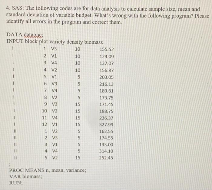 4. SAS: The following codes are for data analysis to | Chegg.com