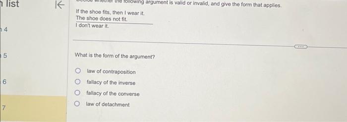 Solved h list 4 5 6 7 K ollowing argument is valid or | Chegg.com