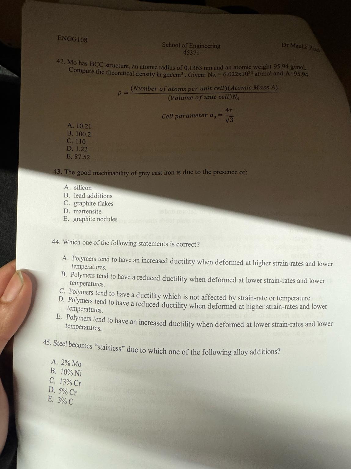 Solved ENGGI08School of Engineering45371Dr Maulik Pow42. ﻿Mo | Chegg.com