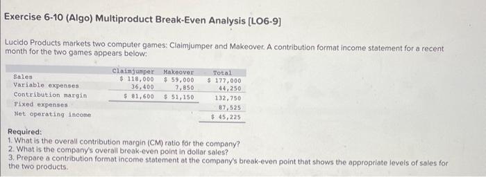 Solved Exercise 6-10 (Algo) Multiproduct Break-Even Analysis | Chegg.com