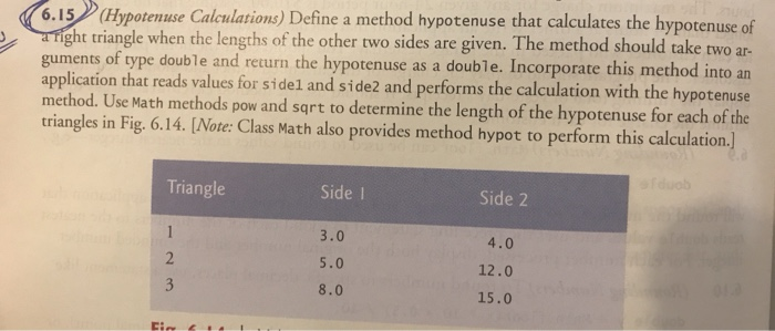 Solved 6.15 (Hypotenuse Calculations) Define a method | Chegg.com