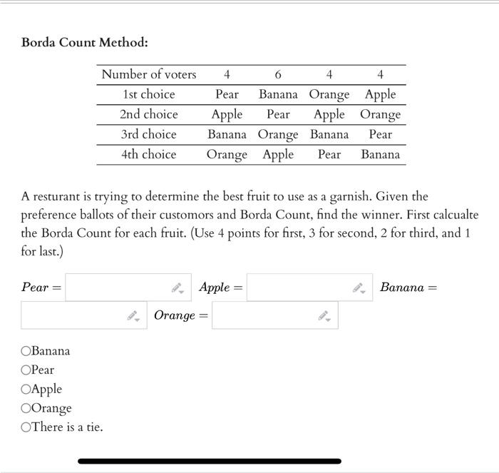 Solved Borda Count Method: A resturant is trying to | Chegg.com