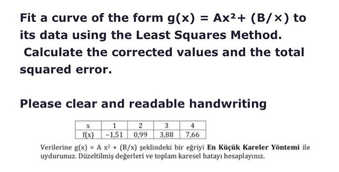 Solved Fit a curve of the form g(x) = Ax?+ (B/×) to its data | Chegg.com