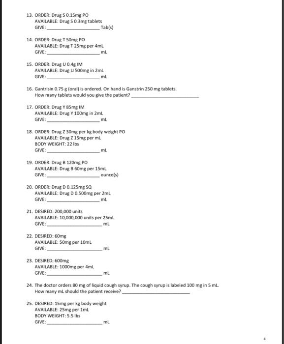 Solved Calculations Worksheet 1. ORDER: Drug A100,000 units | Chegg.com