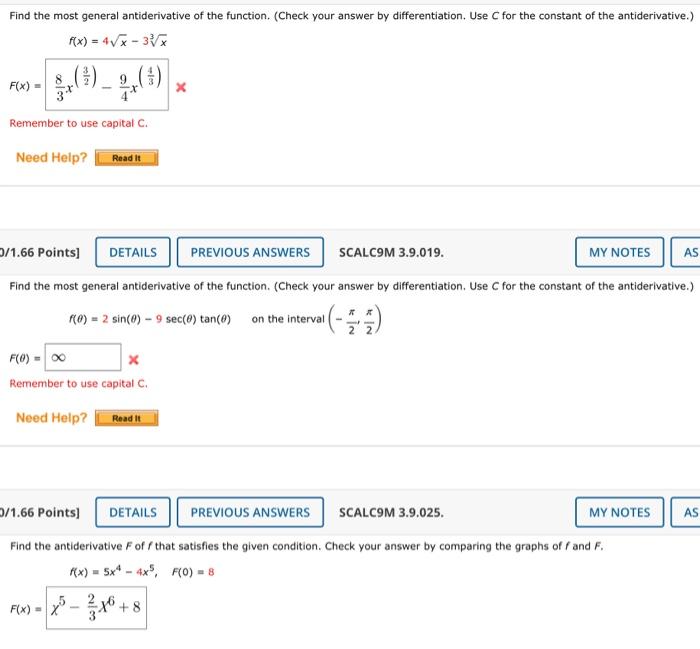 Solved Find the most general antiderivative of the function. | Chegg.com