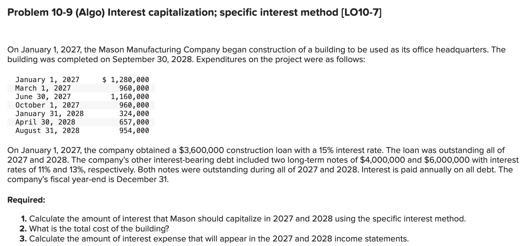 Solved Problem 10-9 (Algo) ﻿Interest capitalization; | Chegg.com