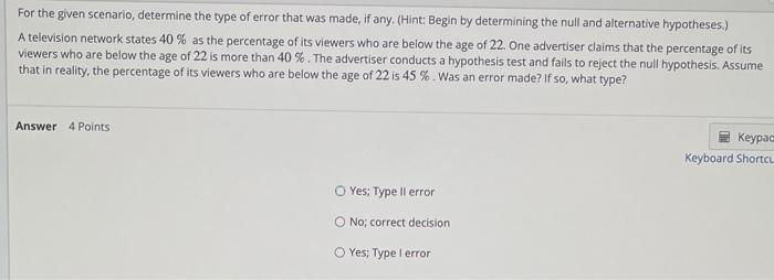 Solved For the given scenario, determine the type of error | Chegg.com