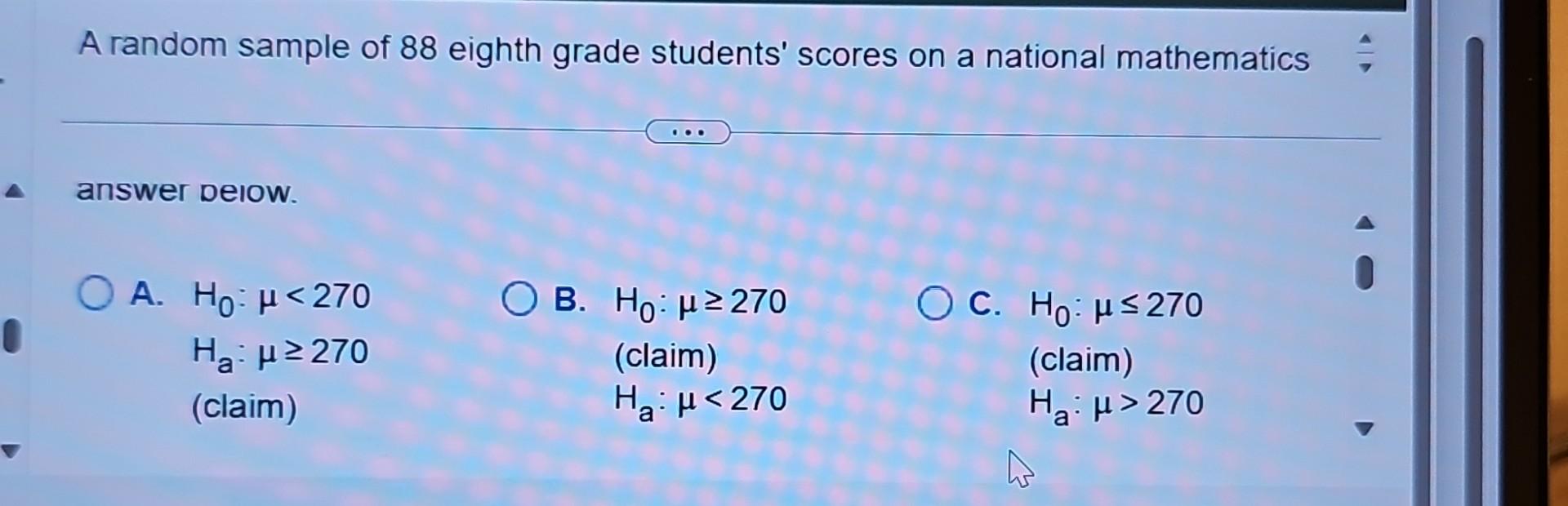 Solved A random sample of 88 eighth grade students' scores | Chegg.com